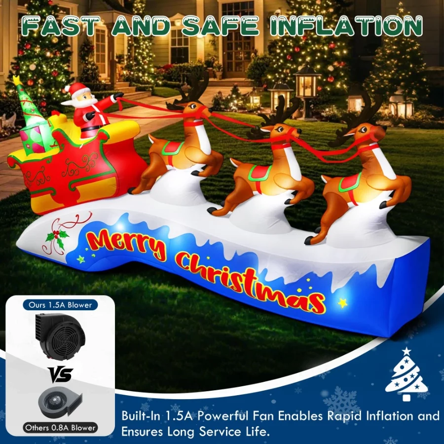 12FT Christmas Inflatable Santa on Sleigh with 3 Reindeers, LED Blow Up ...
