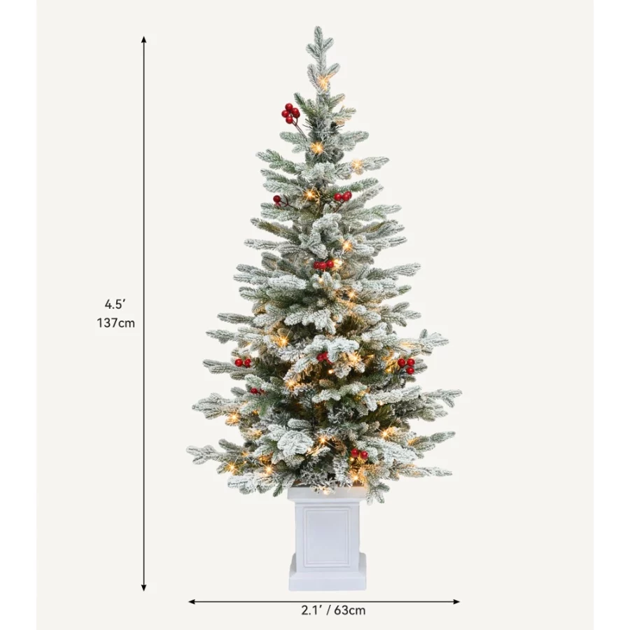 4.5FT Potted Flocked Arctic Fir Pencil Tree – Slim Pre-Lit Christmas ...